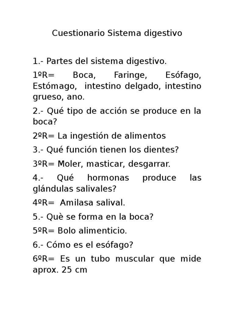 Cuestionario de Digestión Básica | PDF | Sistema digestivo humano | Digestión