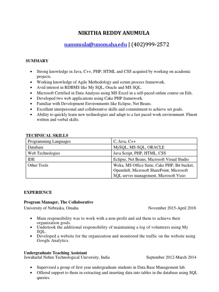 Nikitha Reddy Anumula's Resume | PDF | Microsoft Sql Server ...