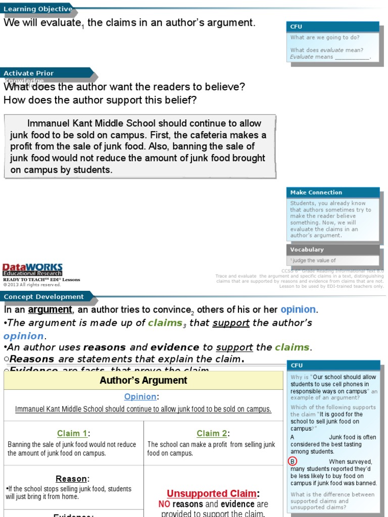 6th Ela Ri 8 0 Evaluate Author Claims DW Ccss | PDF | Argument ...