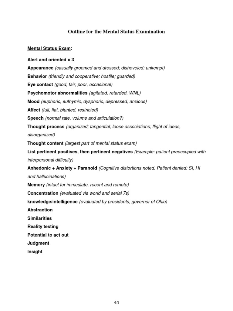 Outline For The Mental Status Examination: Disorganized) | PDF