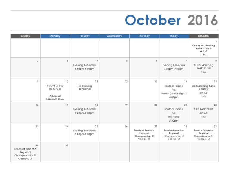 October 2016 Marching Band Schedule | PDF