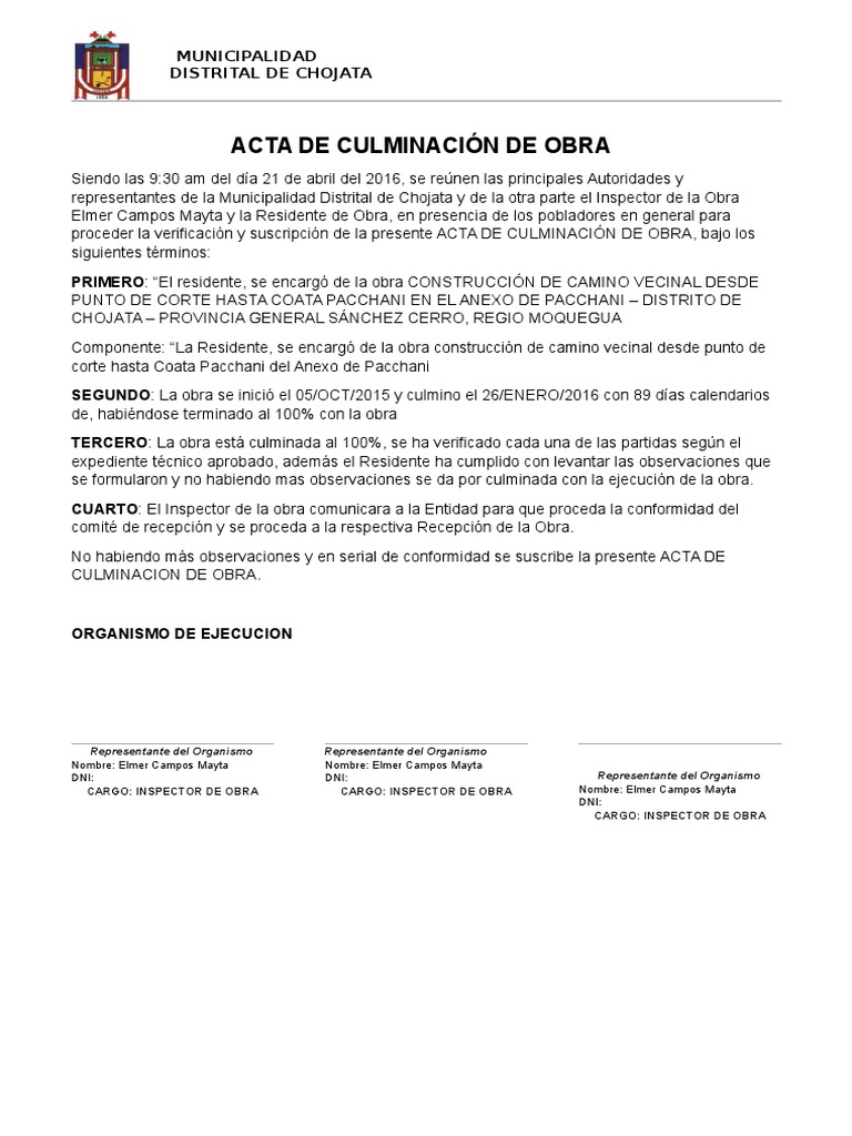 Acta de Culminación de Obra | PDF