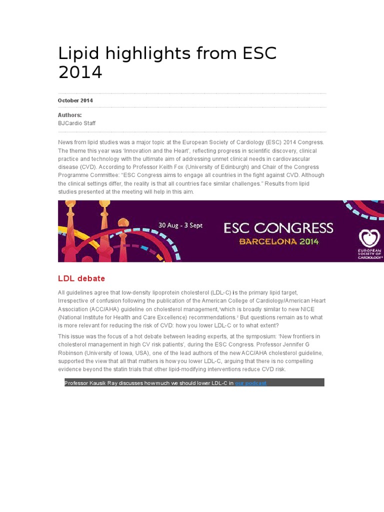 Lipid Highlights From ESC 2014 | PDF | Cardiovascular Diseases | Low ...