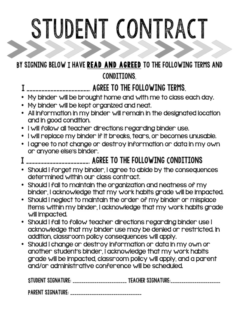 4th Grade Student Binder Contract | PDF | Rubric (Academic) | Cognition