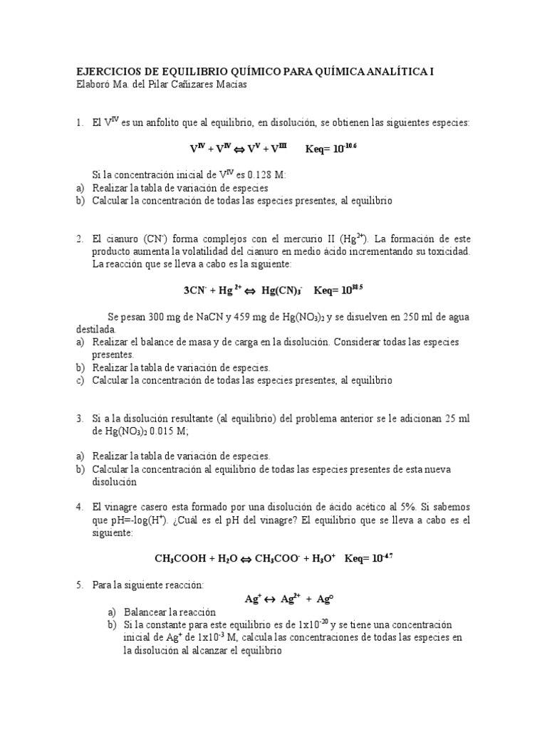 Ejercicios de Equilibrio Qu - Ã - Mico | Descargar gratis PDF | Equilibrio químico | Mercurio ...
