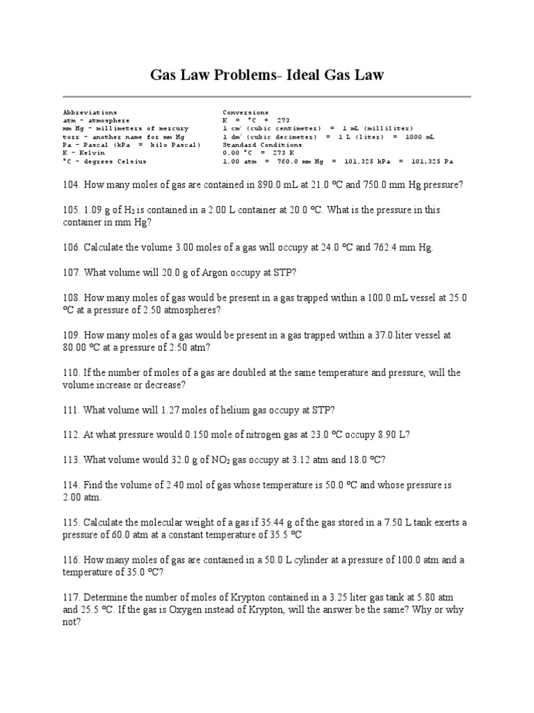 Ideal Gas Law Problems | PDF | Gases | Mole (Unit)
