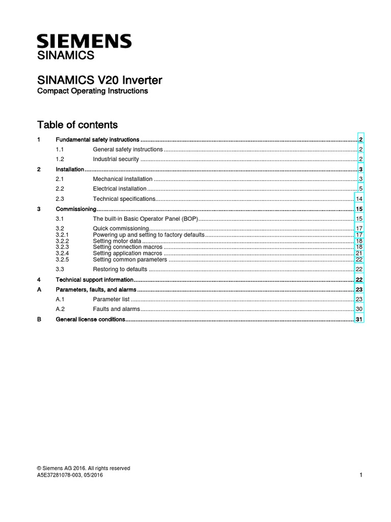 Siemens Sinamics V20 Getting Started | PDF | Fuse (Electrical) | Mains ...
