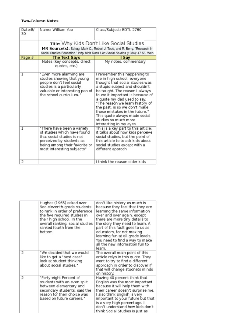 Two-Column Notes Template-1 1 | PDF | Students | Cognition