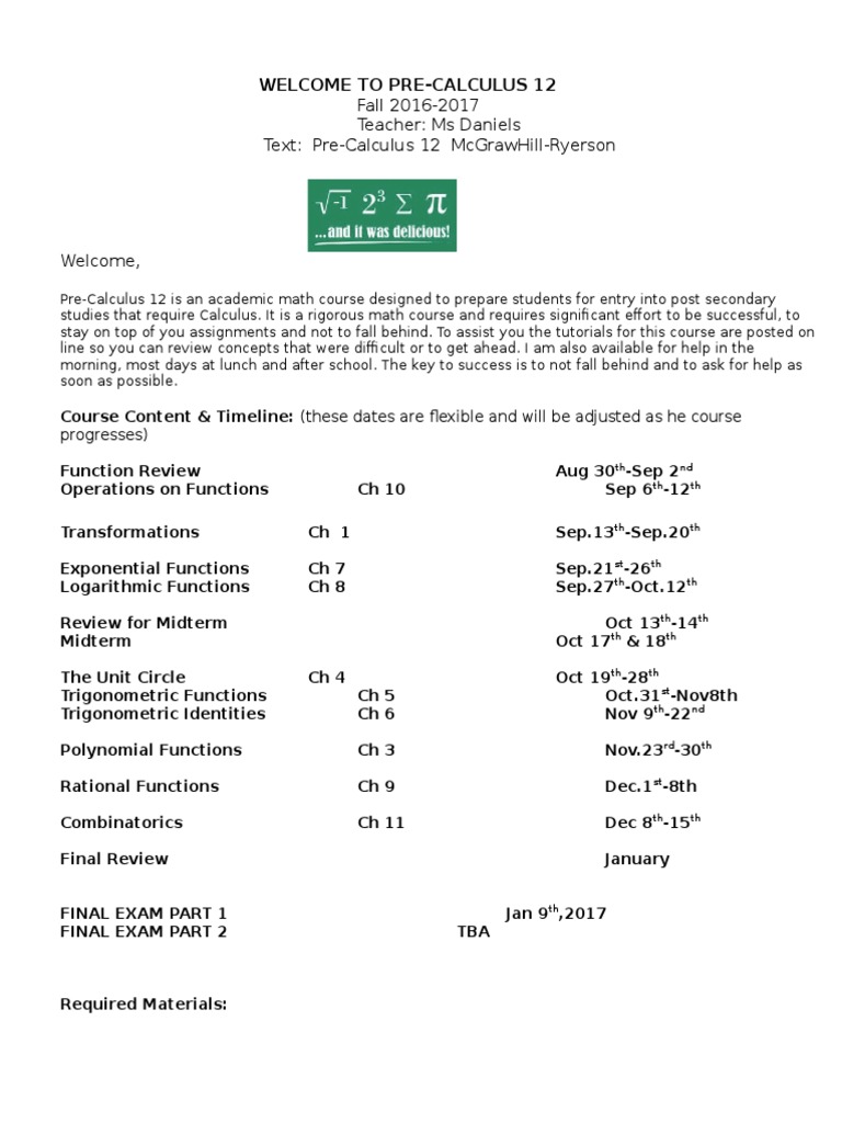 Pre Calc 12 2016 | PDF | Trigonometric Functions | Mathematical Relations
