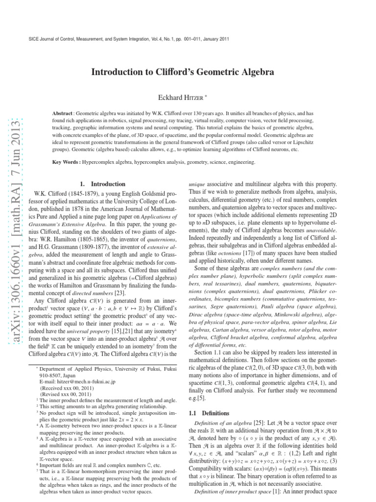 Introduction To Cli Fford's Geometric Algebra Eckhard HITZER | PDF | Vector Space | Euclidean Vector