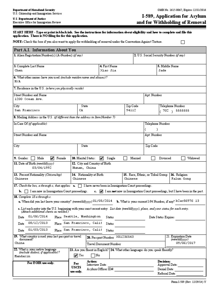 i589-2 Form | Asylum In The United States | Permanent Residence (United ...