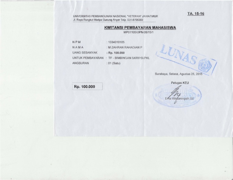 Kwitansi Pembayaran Mahasiswa UPN | PDF