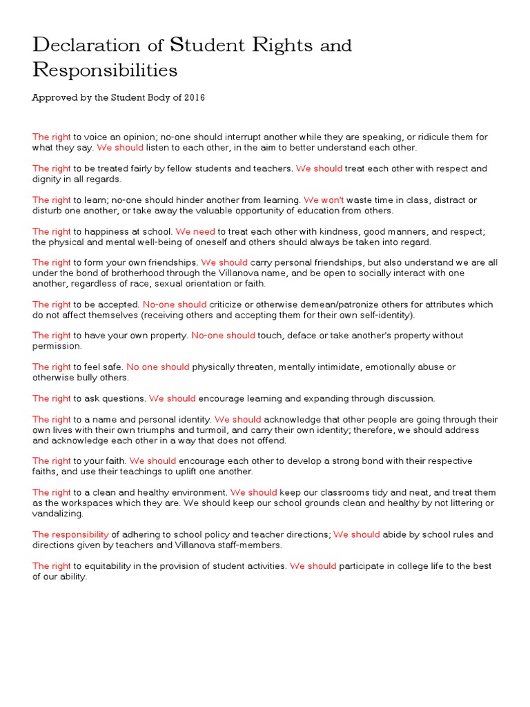 Student Rights and Responsibilities Declaration | PDF | Social Science