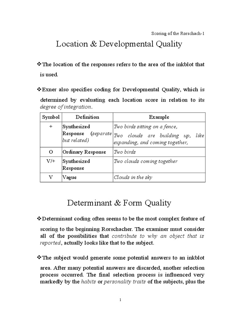 Rorschach Scoring Guide: Key Concepts | PDF | Psychological Concepts ...