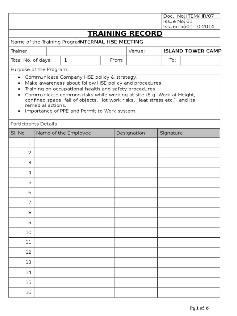 Training Record - 2 Hse Meeting | PDF
