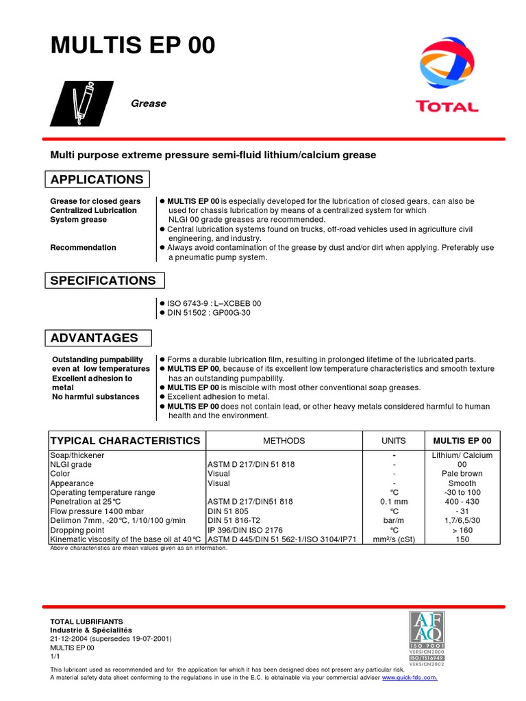 Multis EP 00 Grease Specifications | PDF
