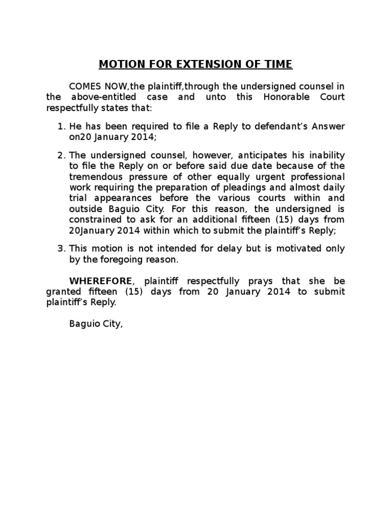 Motion For Extension of Time: WHEREFORE, Plaintiff Respectfully Prays ...