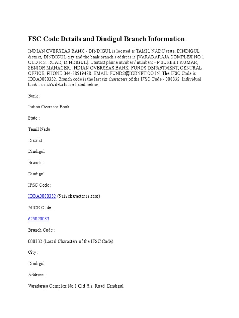 FSC Code Details and Dindigul Branch Information: IOBA0000332 | PDF