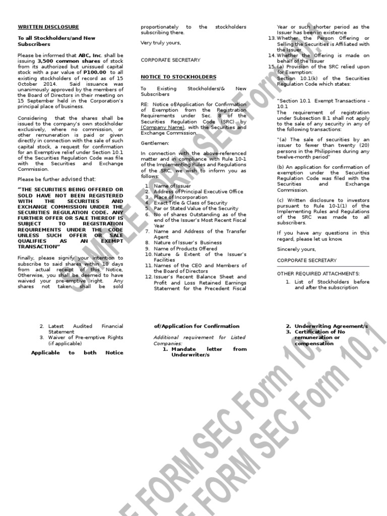 Attachment to SEC Form 10.1 | Securities (Finance) | U.S. Securities ...