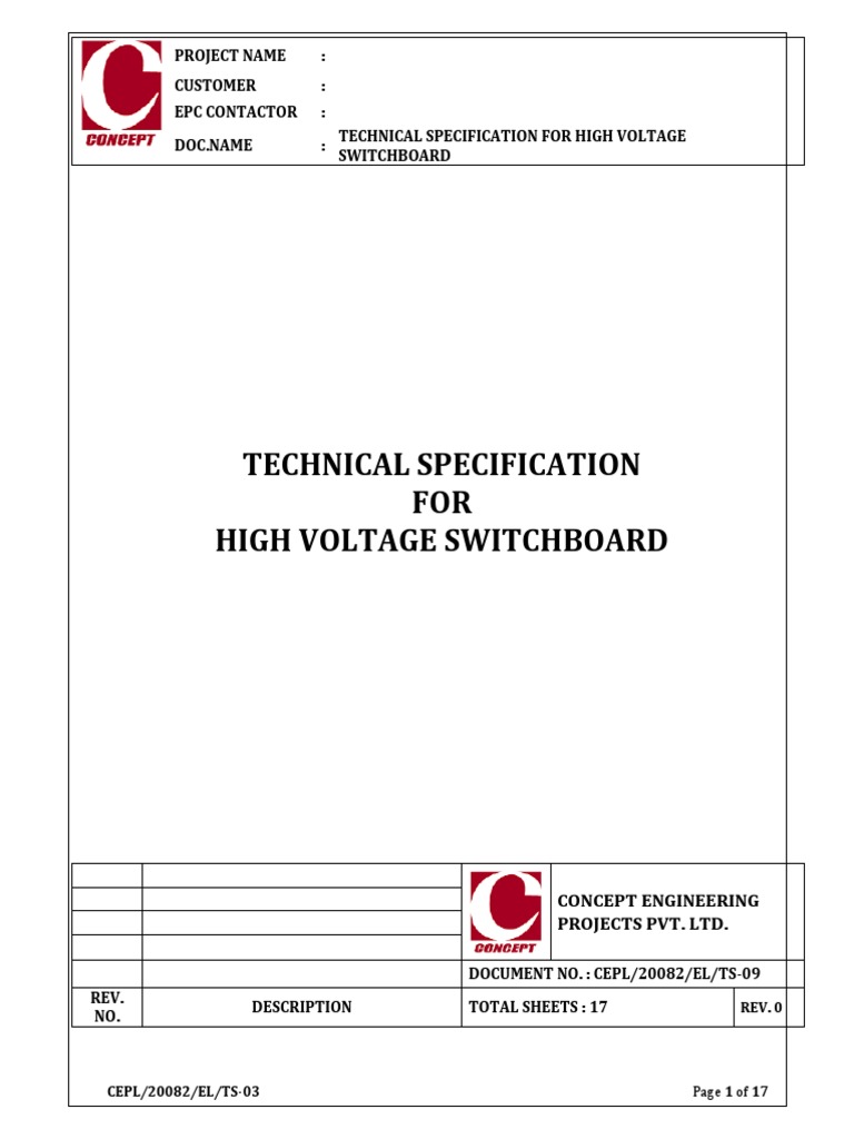 Tech. Specification For High Voltage Switchboard | PDF | Relay ...