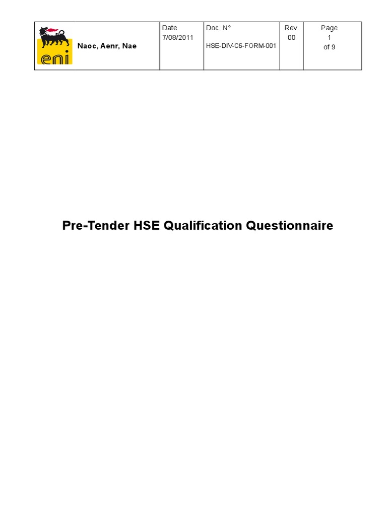 Pre-Tender HSE Qualification Questionnaire | Audit | Personal ...