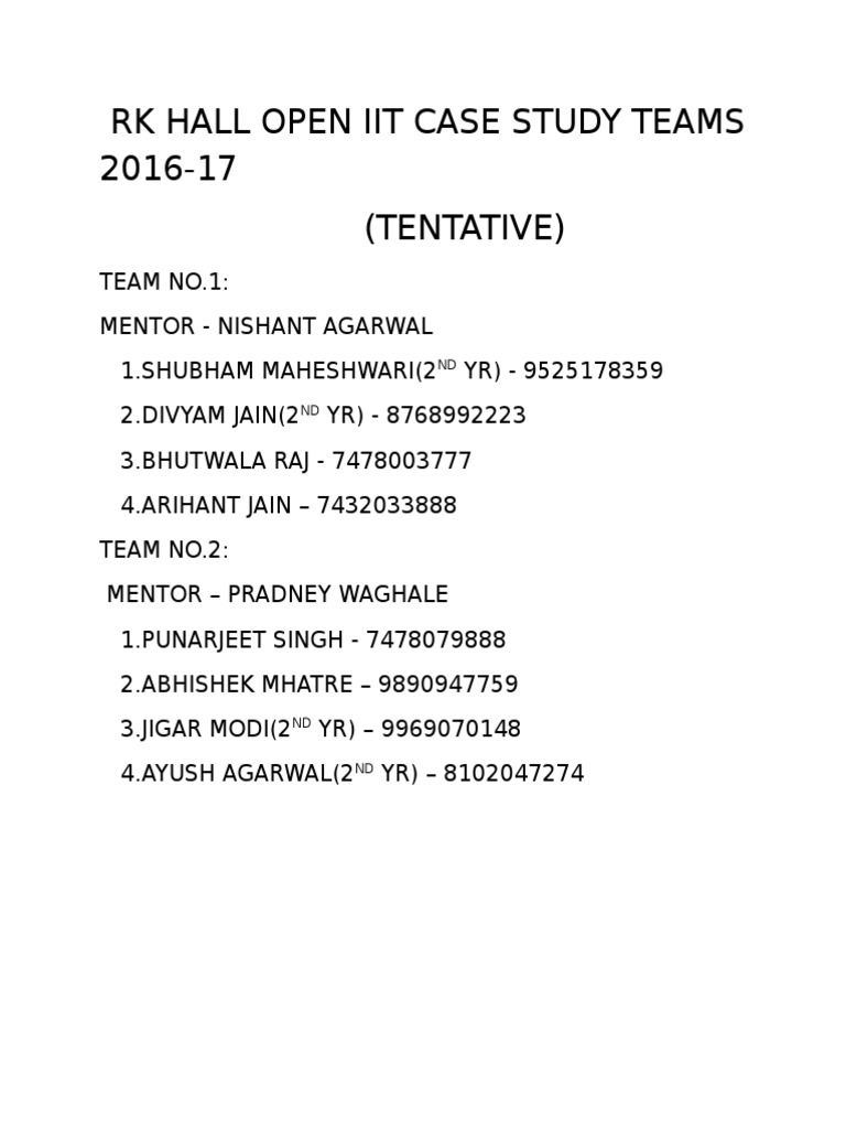 RK Hall Open Iit Case Study Teams 2016 17 | PDF