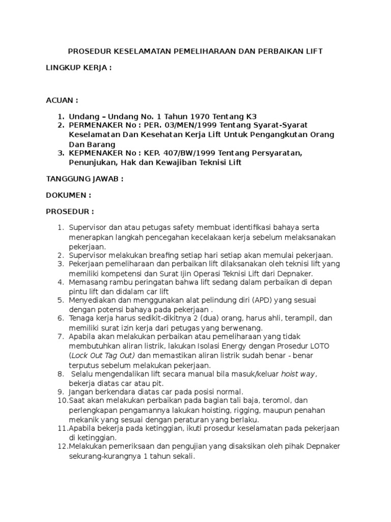 PROSEDUR Keselamatan Lift PERAWATAN Dan Perbaikan | PDF