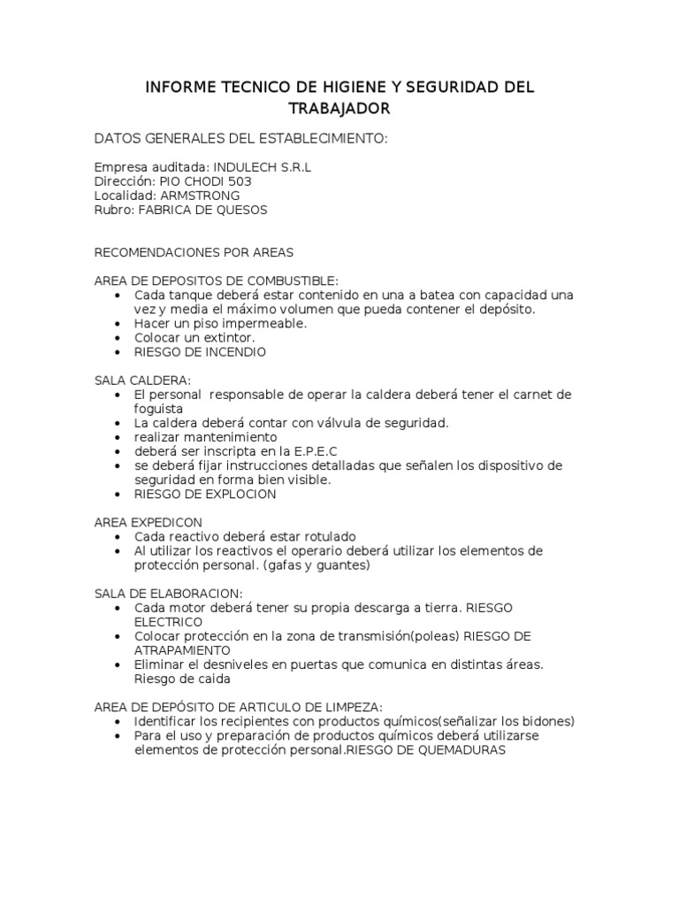 Informe Tecnico de Higiene y Seguridad Del Trabajador
