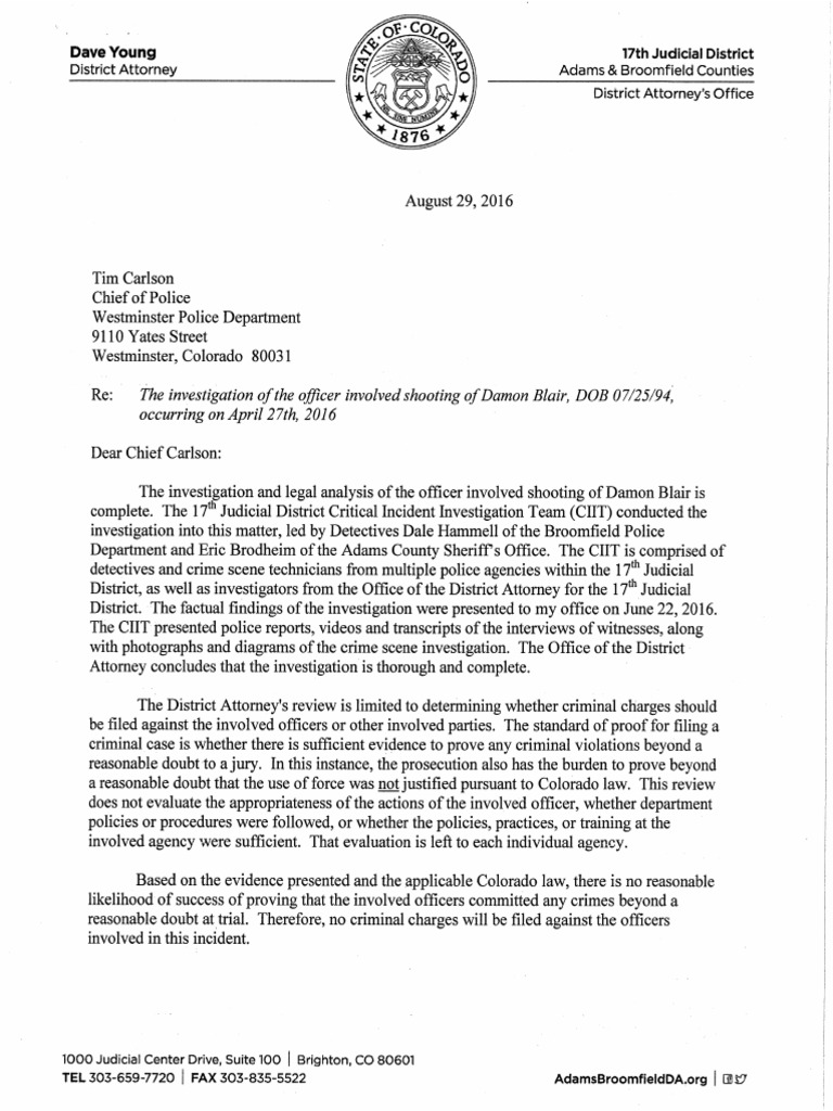 Damon Blair Officer-Involved Shooting Letter | PDF