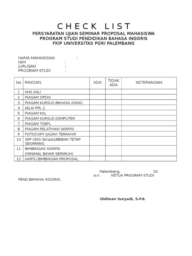 Checklist Seminar Proposal | PDF