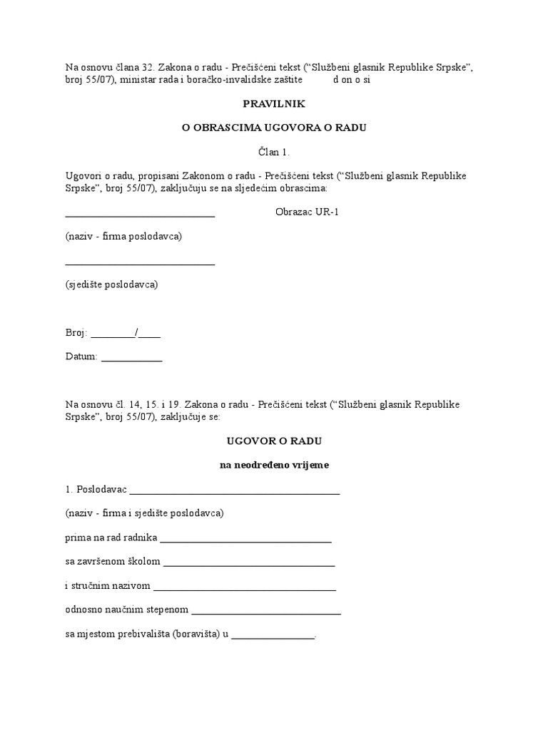 Pravilnik o Obrascima Ugovora o Radu | PDF