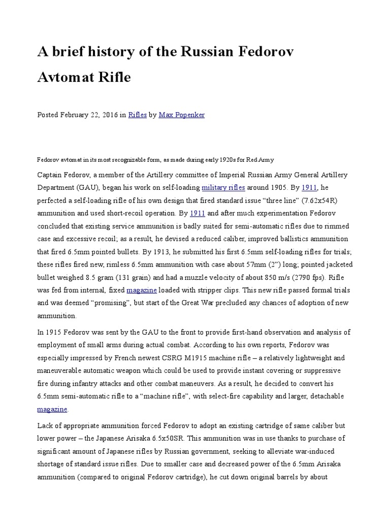 A Brief History of The Russian Fedorov Avtomat Rifle | PDF | Rifle ...