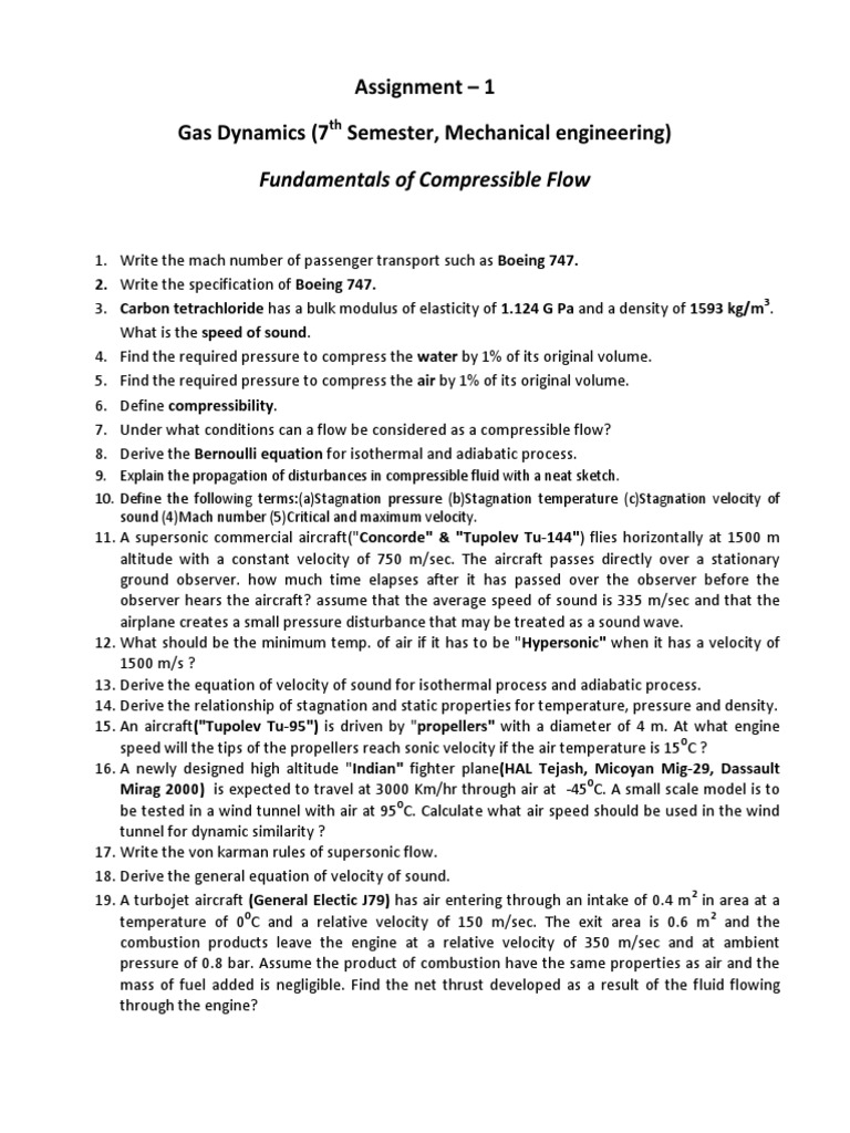 Assignment - 1 - Fundamentals of Compressible Flow | PDF | Compressible Flow | Mach Number