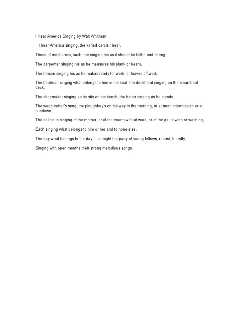 I Hear America Singing by Walt Whitman | PDF | Poetry