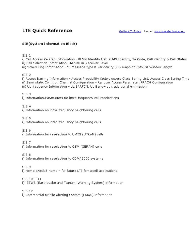LTE Quick Reference: SIB (System Information Block) | PDF