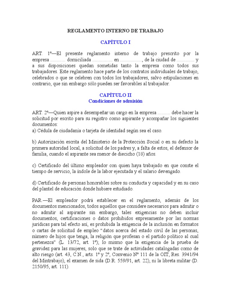 Ejemplo de Reglamento Interno | Derecho laboral | Salario