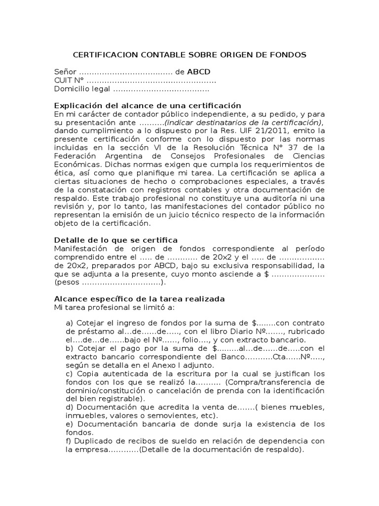 Certificación Contable de Origen de Fondos | PDF | Contador | Business