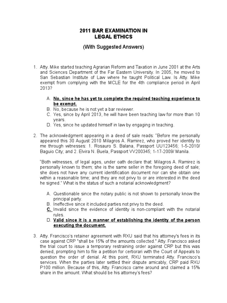 2011-2012 Bar Examination in Legal Ethics With Answer | PDF | Lawyer ...