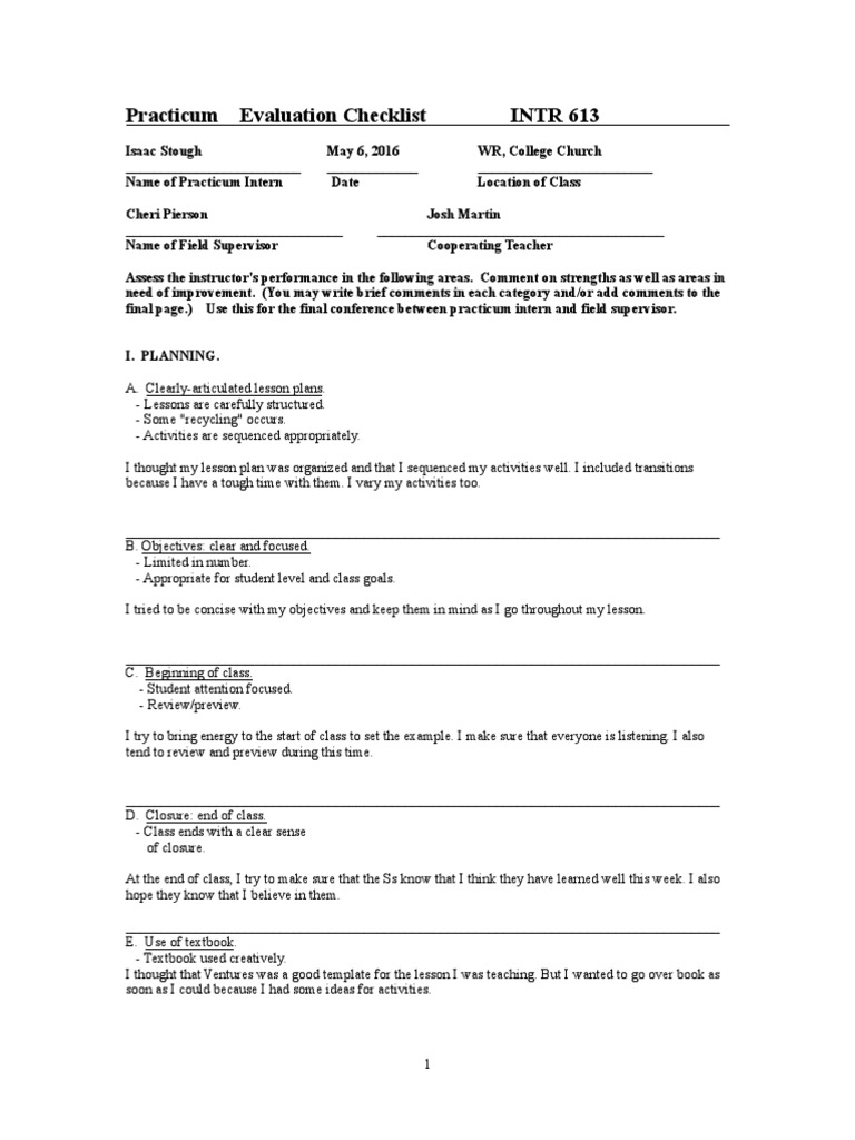 Practicum Evaluation Checklist INTR 613 | PDF | Lesson Plan | Applied ...