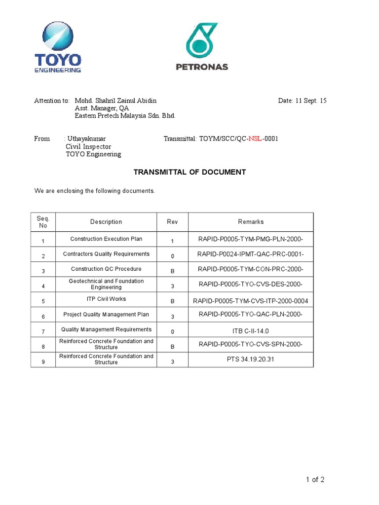Document Transmittal for Construction QC | PDF | Technology & Engineering