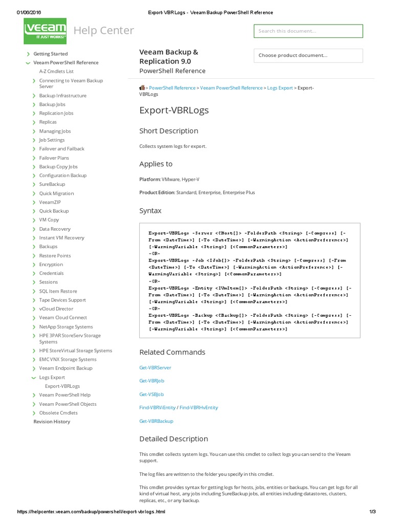 Export-VBRLogs - Veeam Backup PowerShell Reference | PDF | Computing | Computer Architecture