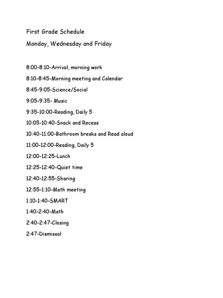 First Grade Daily Schedule | PDF | Language Arts & Discipline