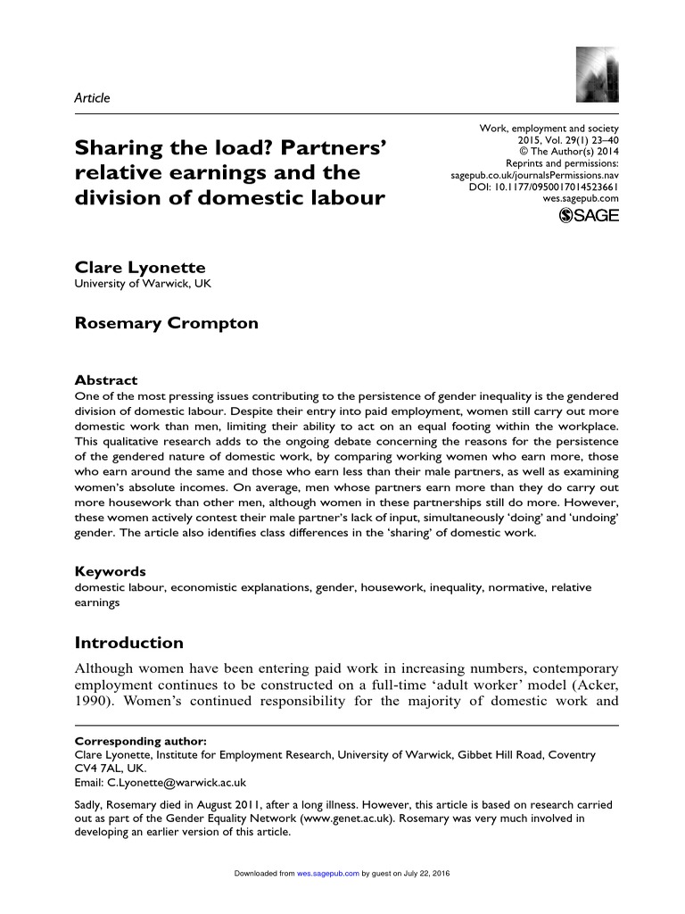 Lyonette & Crompton (2015) - Sharing The Load? Partners' Relative ...