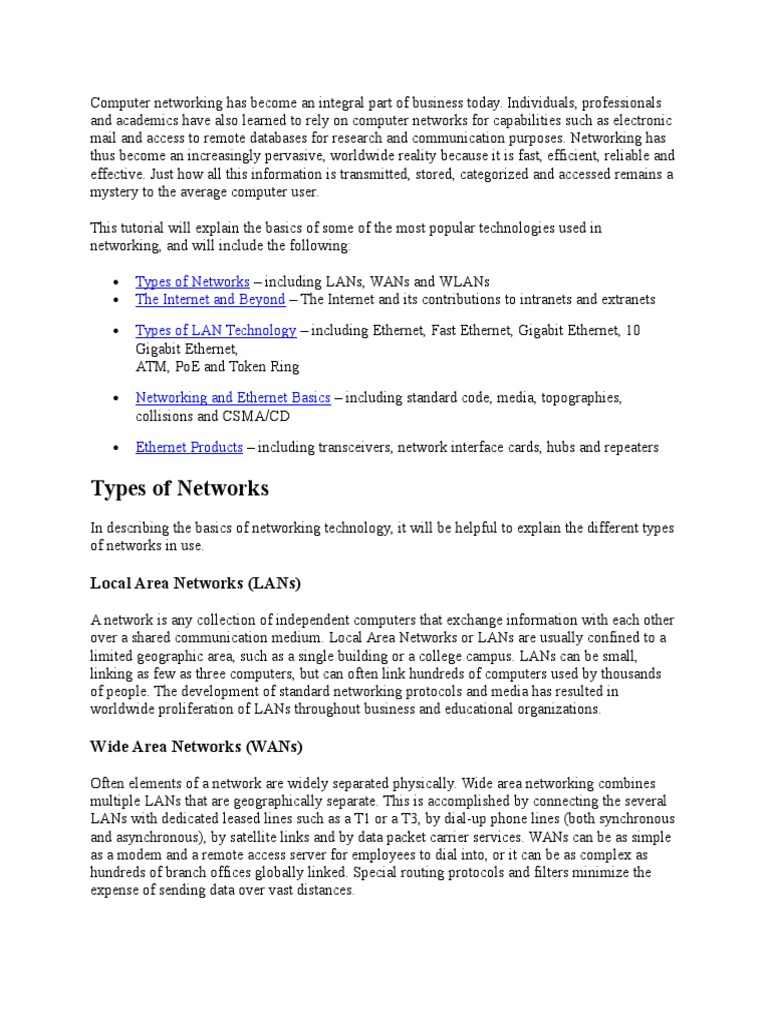 Types of Networks The Internet and Beyond Types of LAN Technology | PDF ...