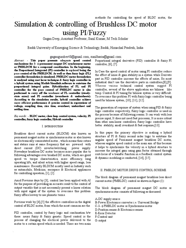 Simulation & Controlling of Brushless DC Motor Using PI/Fuzzy Hybrid | PDF | Direct Current ...