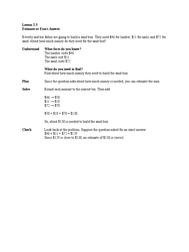 Lesson 2-3 Estimate or Exact Answer | PDF | Home & Garden | Art