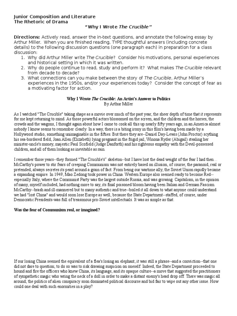 Why-I-Wrote-The-Crucible-With-Questions 1 | PDF | Witchcraft | Politics ...