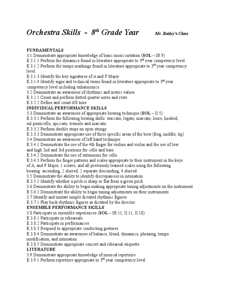 8th Grade Orchestra Skills Guide | PDF