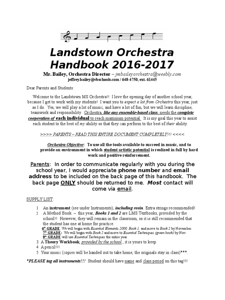 Landstown MS Orchestra Handbook 2016-2017 | PDF | Cello | Orchestras