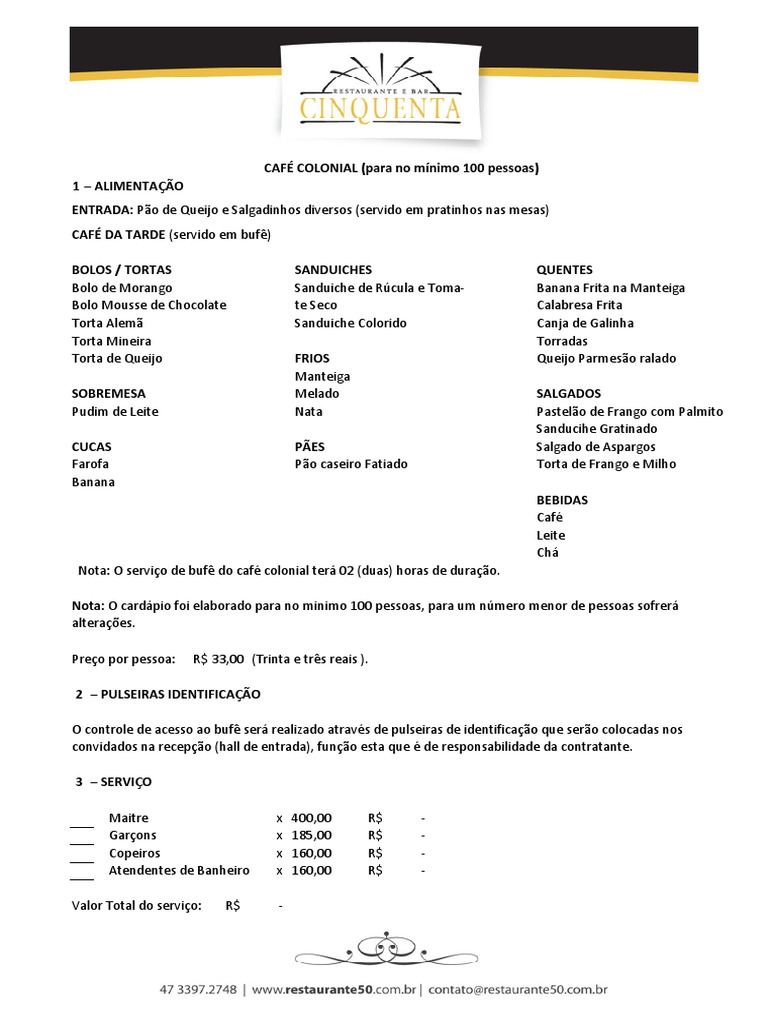 Cardapio Cafe Colonial 100 Pessoas - Restaurante Bela Vista | PDF ...